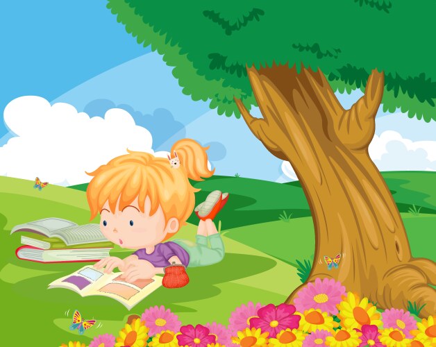 Children reading book and relax near the tree Vector Image