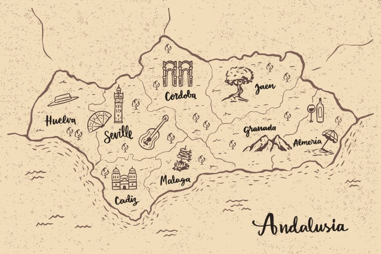 Andalusia map with landmarks Royalty Free Vector Image