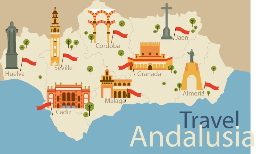 Andalusia map with landmarks Royalty Free Vector Image