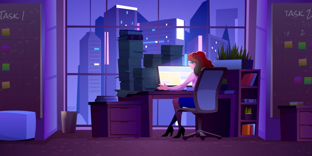 Workplace desk with computer at night home room Vector Image
