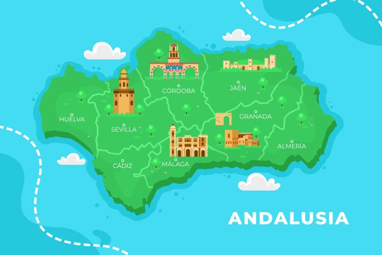 Andalusia map with landmarks Royalty Free Vector Image