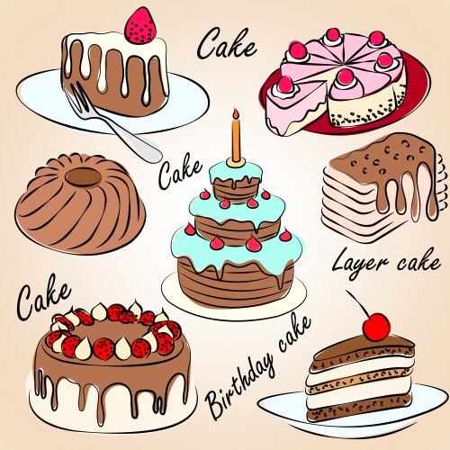 Cakes set hand drawn colorful doodle Royalty Free Vector