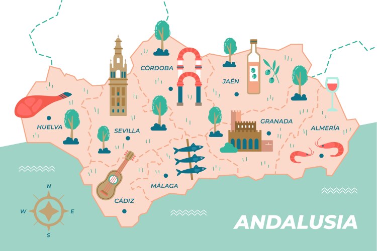 Andalusia map with landmarks Royalty Free Vector Image