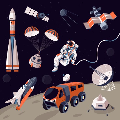 Outer space related objects set isolated on starry
