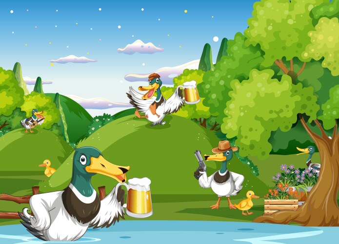 Happy animals cartoon on the nature scene Vector Image