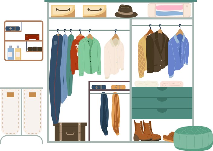 Flat design walk in closet with shelves Royalty Free Vector