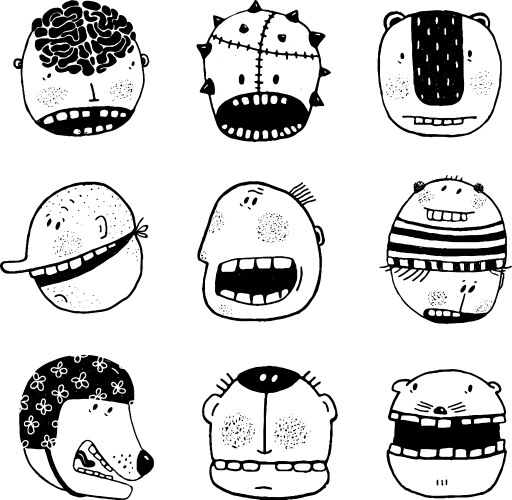 Doodle outline cartoon people faces heads set Vector Image