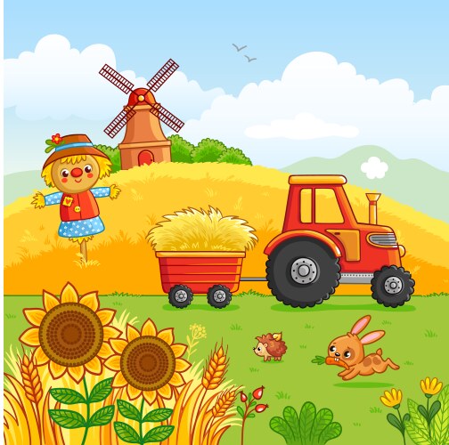 Cute tractor in a clearing Royalty Free Vector Image