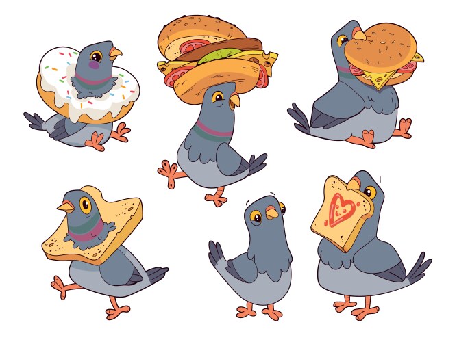 Cartoon pigeons birds with a bread sandwich Vector Image