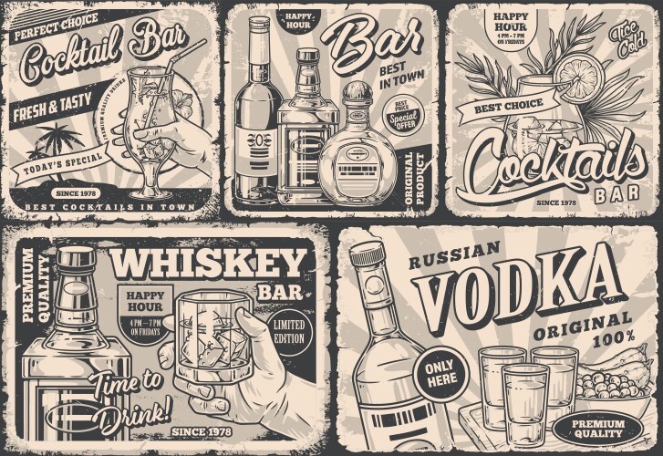 Alcoholic booze monochrome set posters Royalty Free Vector