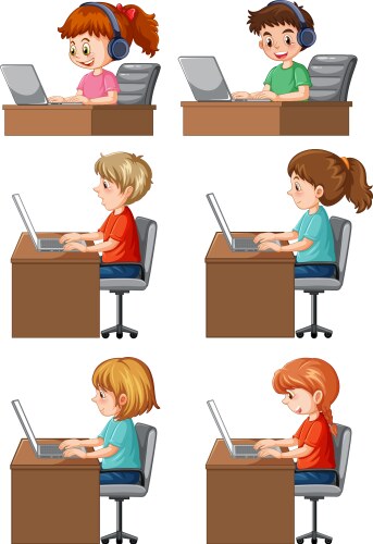 Cartoon kids using laptops for online learning Vector Image