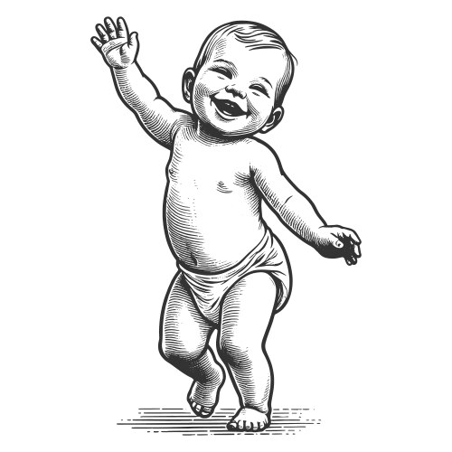 Joyful baby dancing engraving sketch Royalty Free Vector