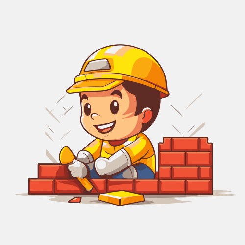 Cartoon boy building a brick wall with hammer Vector Image