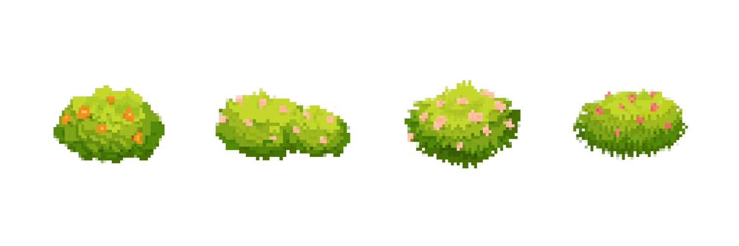 Pixel art bushes with flowers in five different Vector Image
