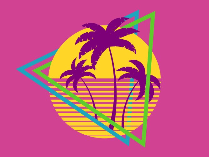 80s retro sci-fi palm trees on a sunset Royalty Free Vector