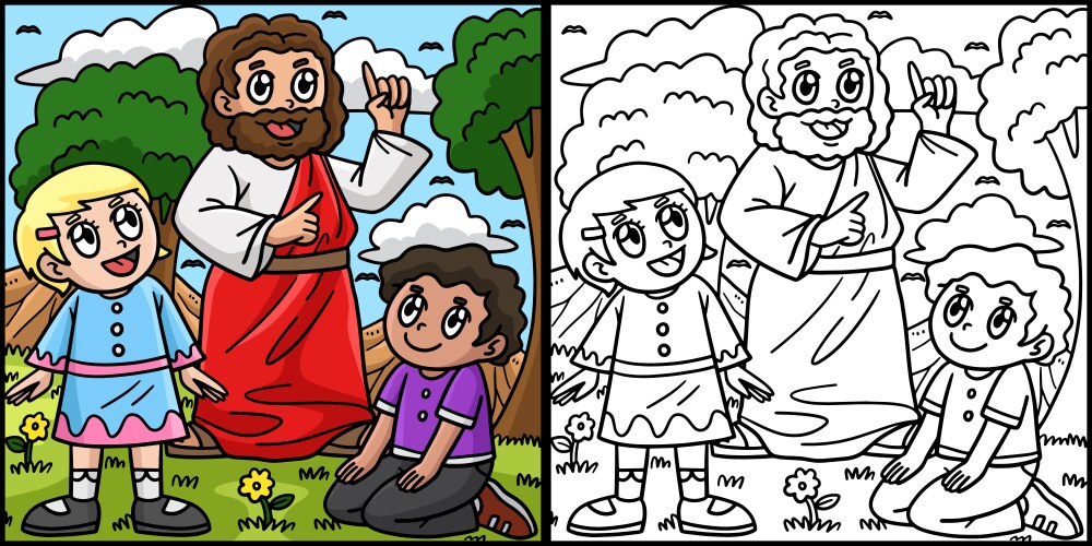 Christian children reading a bible coloring page Vector Image