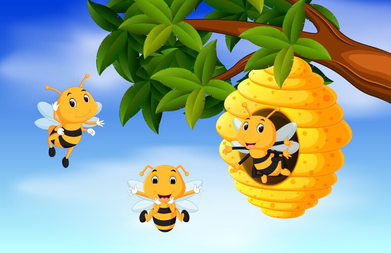 Cartoon bees with honey under a tree Royalty Free Vector