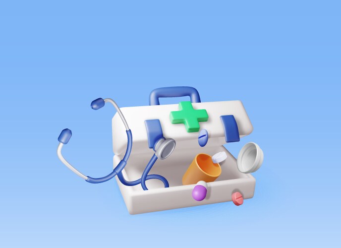 3d first aid kit with stethoscope pill container Vector Image