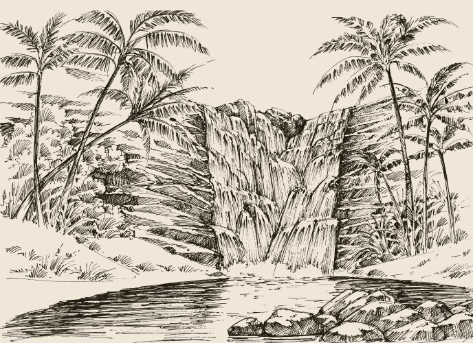 Waterfall on a river hand drawing design element Vector Image