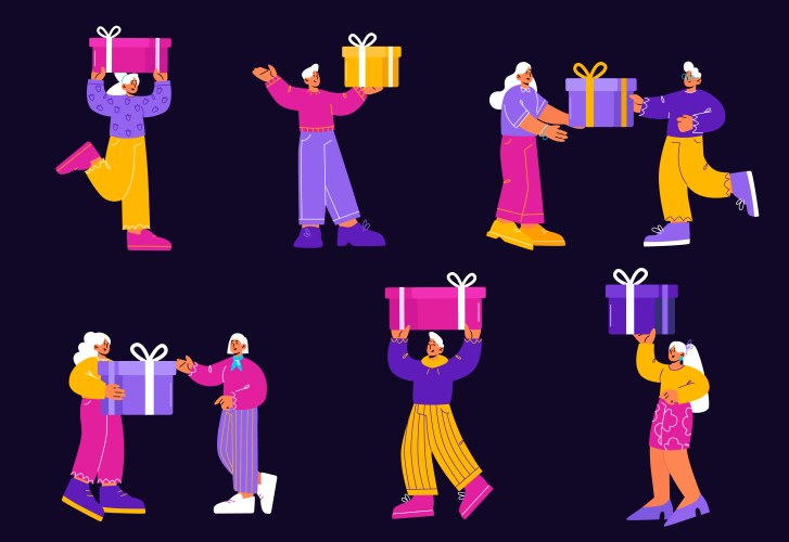 Happy people with gift boxes isolated set Vector Image