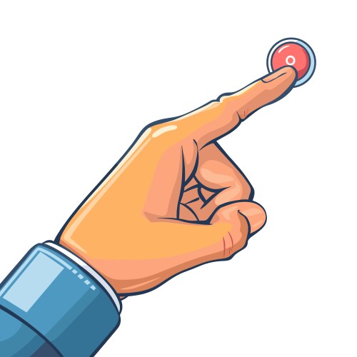 Cartoon hand presses red button decisionmaking Vector Image