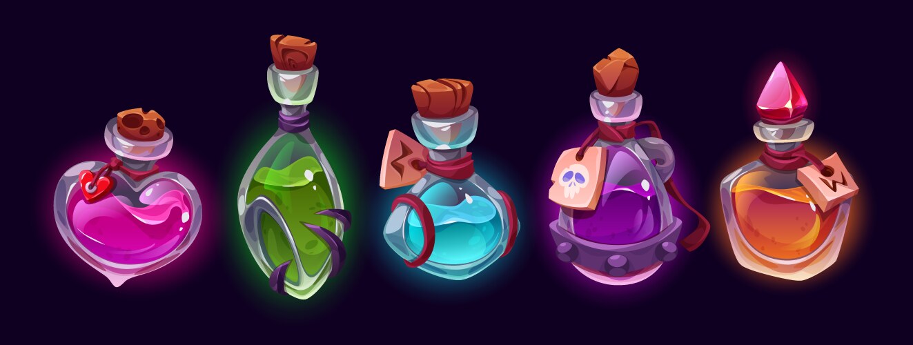 Cartoon set of magic potion bottles on black Vector Image