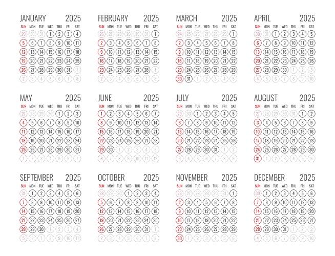 Calendar for 2025 starts sunday and monday Vector Image