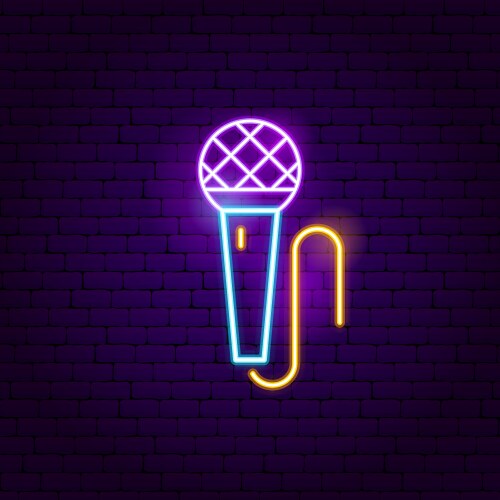 Neon signboard with microphone in round frame Vector Image