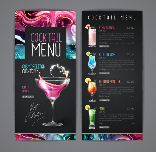 Cocktail menu design with alcohol ink texture Vector Image