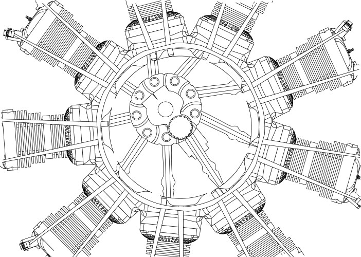 9 cylinder radial engine colored outline only Vector Image