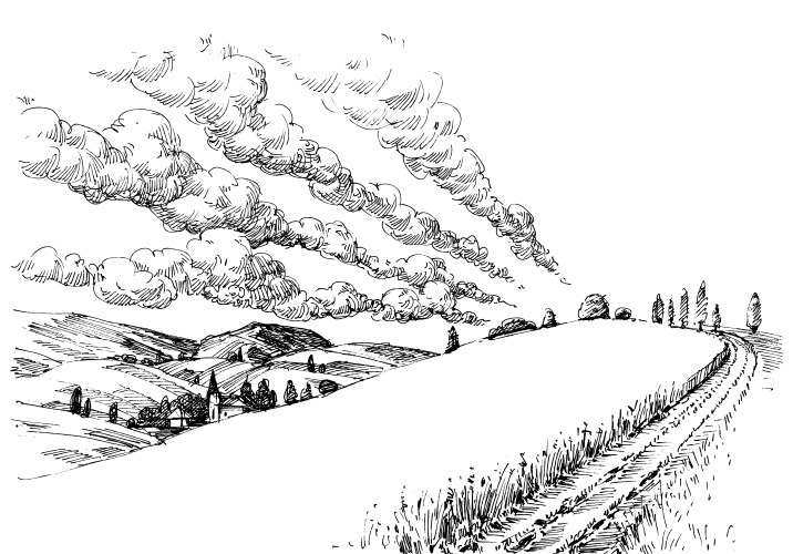 A path to farm landscape hand drawing Royalty Free Vector