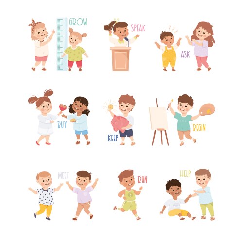 Verbs study with little kids doing different Vector Image