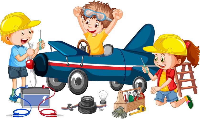 Children fixing a plane together Royalty Free Vector Image