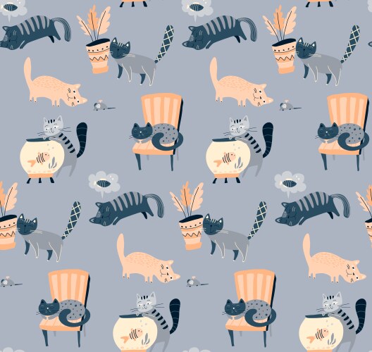 Cute cats grey seamless pattern background flat Vector Image