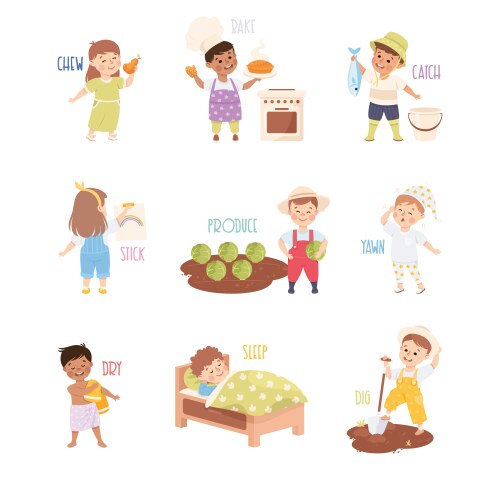 Verbs study with little kids doing different Vector Image