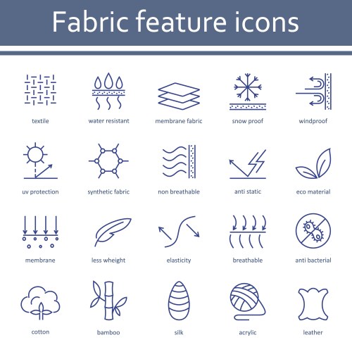 Fabric feature line icons comfort wear Royalty Free Vector