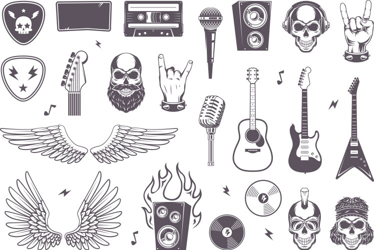 Set of rock and roll music symbols with guitar Vector Image