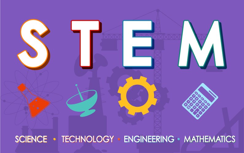 Stem logo with kids cartoon character Royalty Free Vector