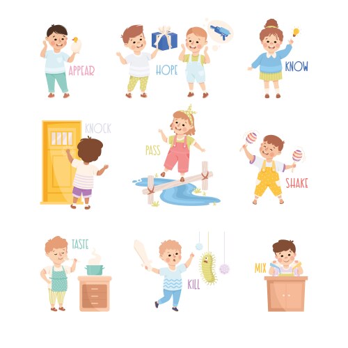 Verbs study with little kids doing different Vector Image