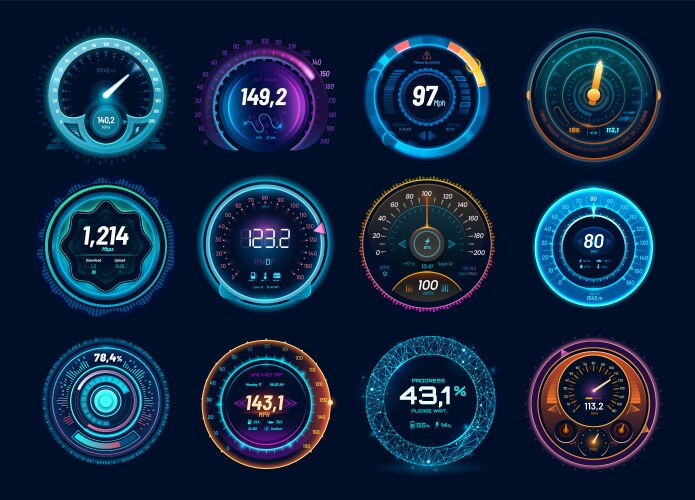 Futuristic car speedometer gauge dials neon led Vector Image