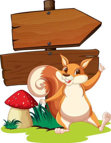 Cartoon squirrel beside an empty wooden sign Vector Image