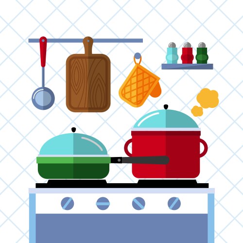 Cooking on gas stove kitchen background Royalty Free Vector