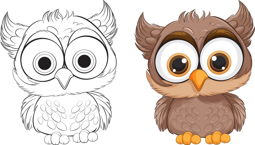 Two stylized owls one colored and outlined Vector Image