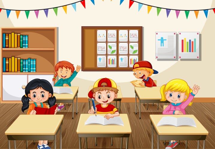 Cartoon school kids raising hand in the classroom Vector Image