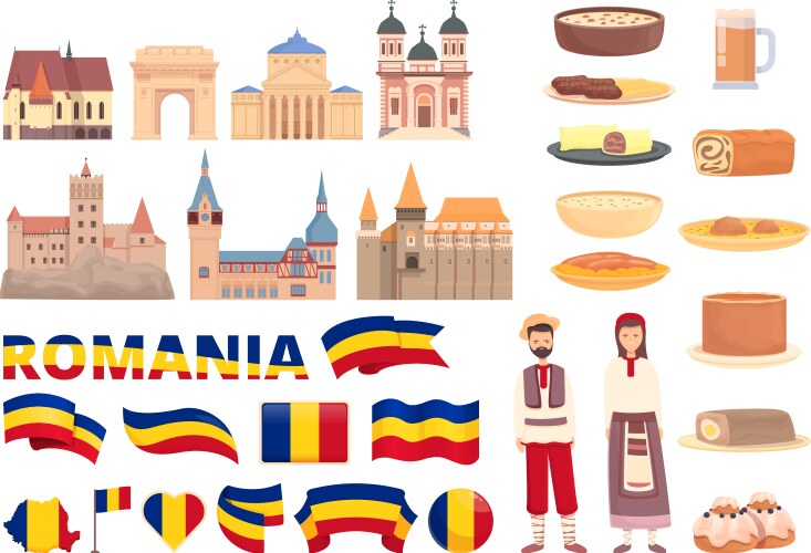 Flat set of cultural symbols romania Royalty Free Vector