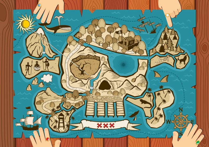 Cartoon pirate map treasure travel adventure Vector Image
