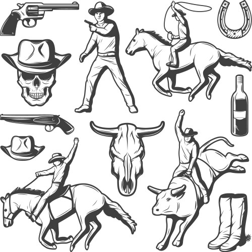 Set of vintage rodeo emblems and designed elements