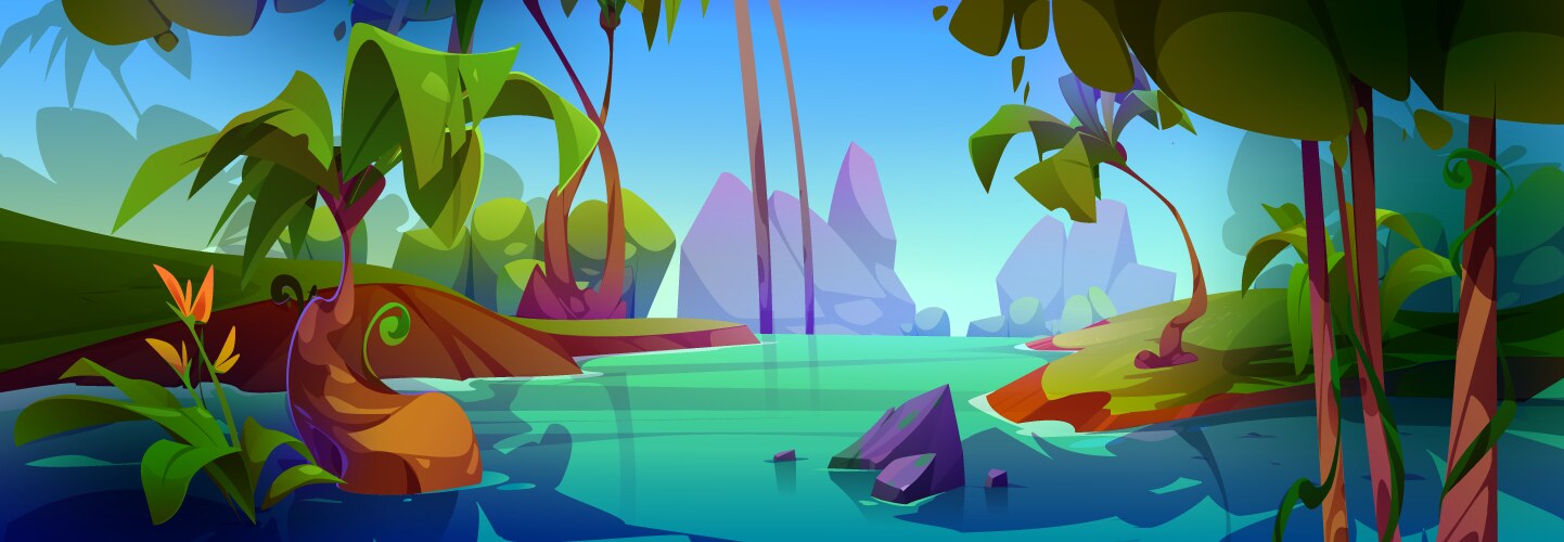 Cartoon forest river water scene background Vector Image