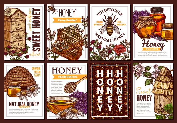 Beekeeping apiary posters retro honey honeycomb Vector Image