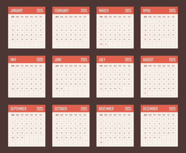 Calendar for 2025 starts sunday and monday Vector Image